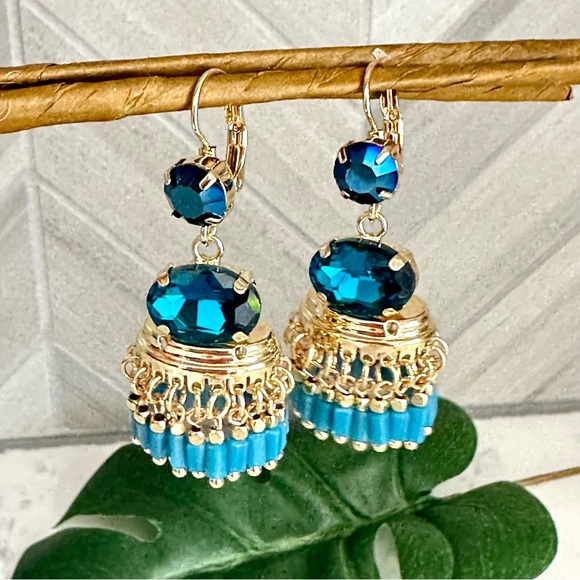 Jewelry | 23 Teal Rhinestone Jhumka Gold Bead Chandelier Indian ...